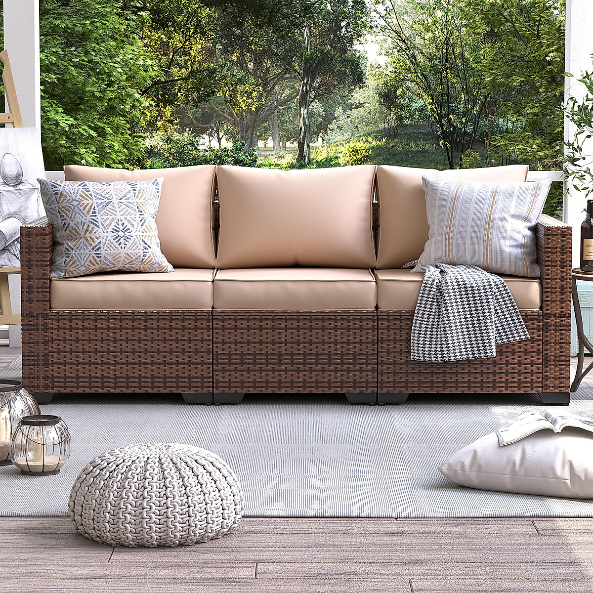 UDPATIO 3-Seat Patio Wicker Sofa, Outdoor Rattan Sectional Couch Furniture Steel Frame w/Furniture Cover Non-Slip Cushion and Deep Seating High Back, Khaki