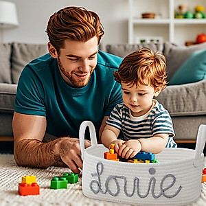 Custom Baby Name Clothes Baskets,Personalized Cute Woven Diaper Basket for newborn,Cotton Round organizer (White)