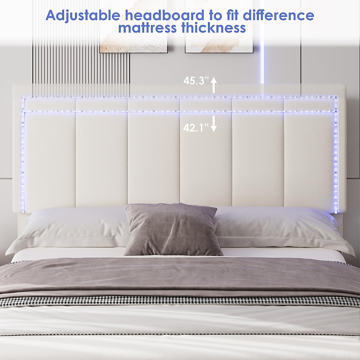 King Size Bed Frame, Upholstered LED Bed Frame with 4 Storage Drawers, Platform Bed with Adjustable Headboard, Solid Wooden Slats Support, No Box Spring Needed, Off White