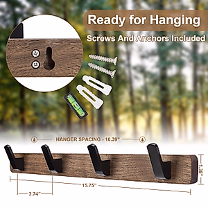 FATASTY Coat Hooks Wall Mount, Solid Walnut Wall Coat Rack with 4 Aluminum Hooks, 15.75 inches Coat Rack Wall Mount Hooks for Hanging Coats, Backpacks, Hats, Towels, Bags,etc.