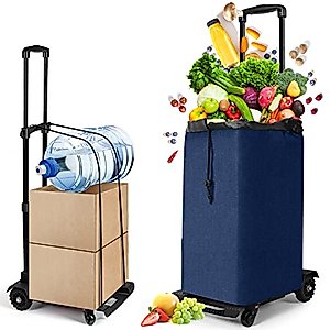 SELORSS 2-in-1 Foldable Utility Cart, Portable Grocery Shopping Cart with Wheels, Telescoping Handle and Removable Waterproof Bag, Collapsible Lightweight Large Capacity Hand Truck for Supermarket