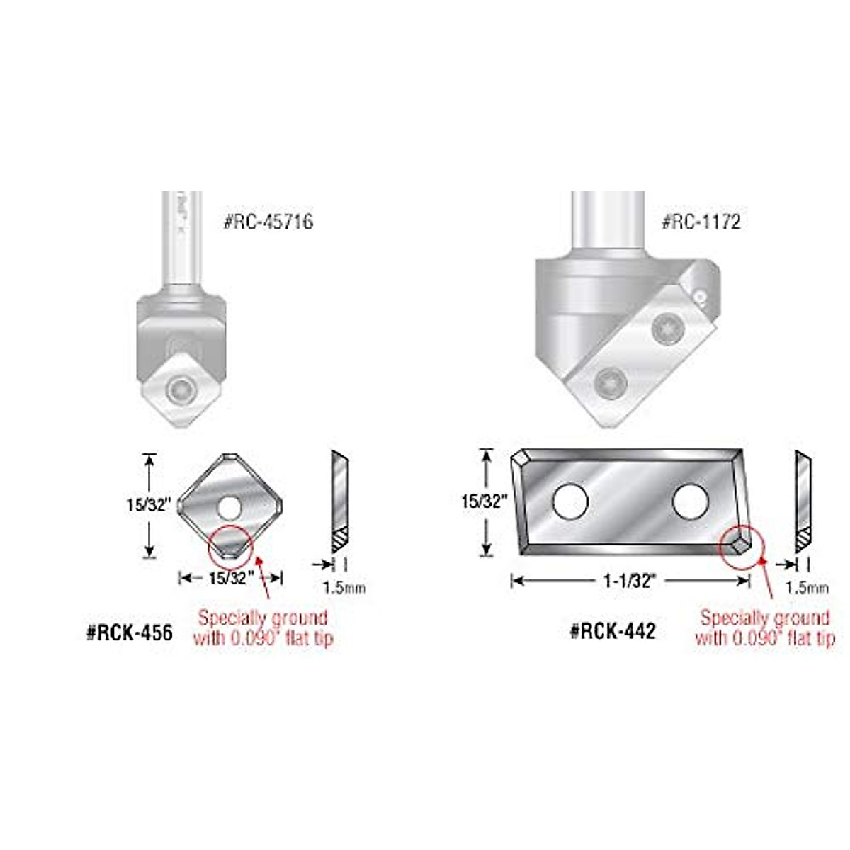Amana Tool - RCK-456 Solid Carbide 4 Cutting Edges Insert Knife 15/32 x 1.5mm with