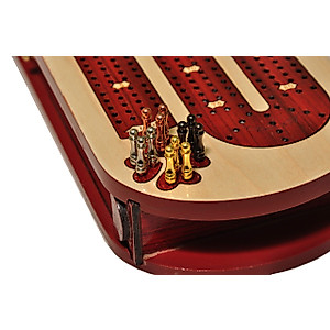 PALM ROYAL HANDICRAFTS 4 Track Wooden Cribbage Board Set Inlaid in Blood Wood and Maple Wood with pegs and Cards Storage Available. 4 Player Cribbage Board (15 x 5 Inches)