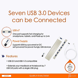 j5create USB Type-C to 7-Port USB 3.0 Data Hub with 3 ft Extended Cale [20W Power Adapter Included] for Mac, MacBook, Windows, Laptop, Surface, XPS, Chromebook, PC (JCH377)