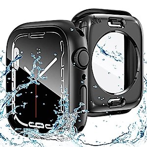 Goton 2 in 1 Waterproof Case for Apple Watch Series 8 & Series 7 45mm Screen Protector, 360 Protective Glass Face Cover Hard PC Bumper + Back Frame for iWatch 8/7 Accessories 45 mm, Black