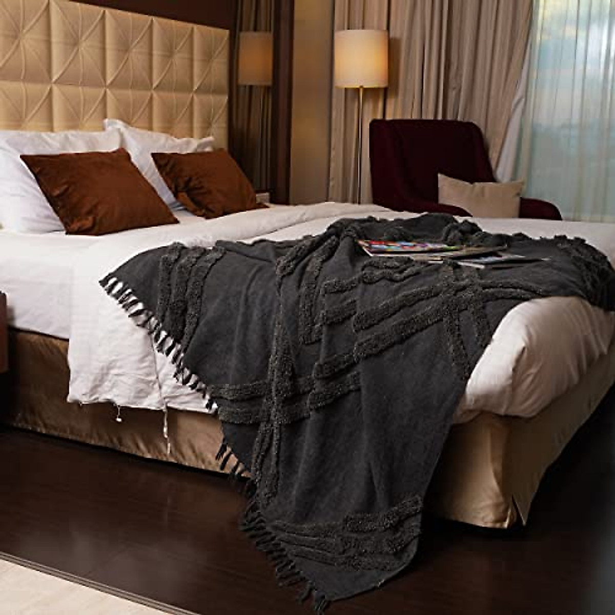 HOMEMONDE Rustic Farmhouse Throw Blankets Charcoal Gray for Couch Hand Woven Tufted Soft & Cozy Blanket - 70x50 Inches