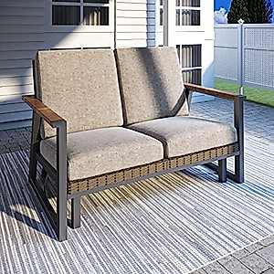 LOKATSE HOME Patio Glider Rocking Chair Outdoor 2 Person Bench Metal Swing Loveseat with Faux Wood Armrest, Wicker Backrest and Thick Cushion, Grey