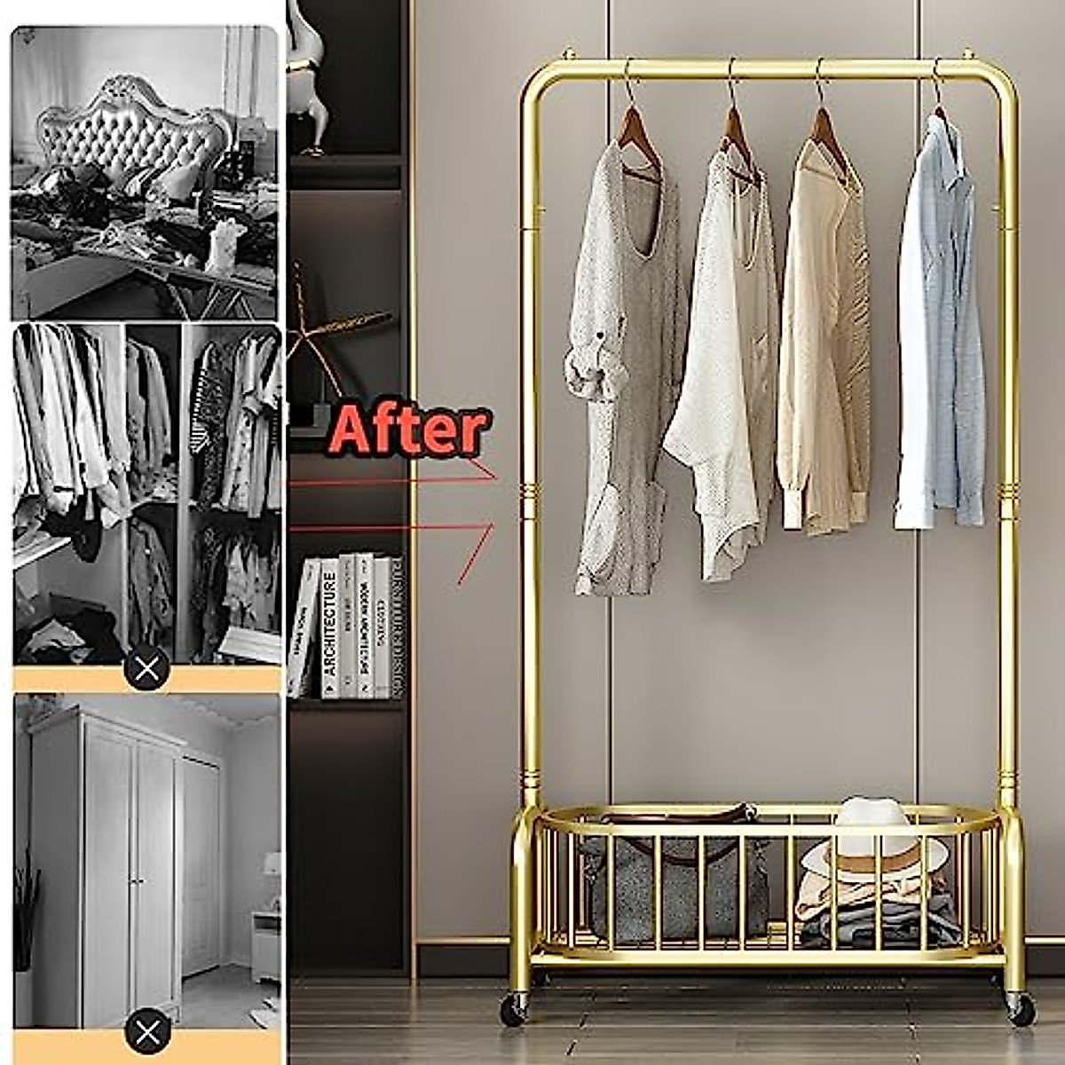 KDFWYDS Metal Coat Rack Stand with Basket Free Standing Garment Rail with 360° Wheels Clothes Rack for Hall, Entryway, Bathroom and Living Room (Color : Gold, Size : 60cm)