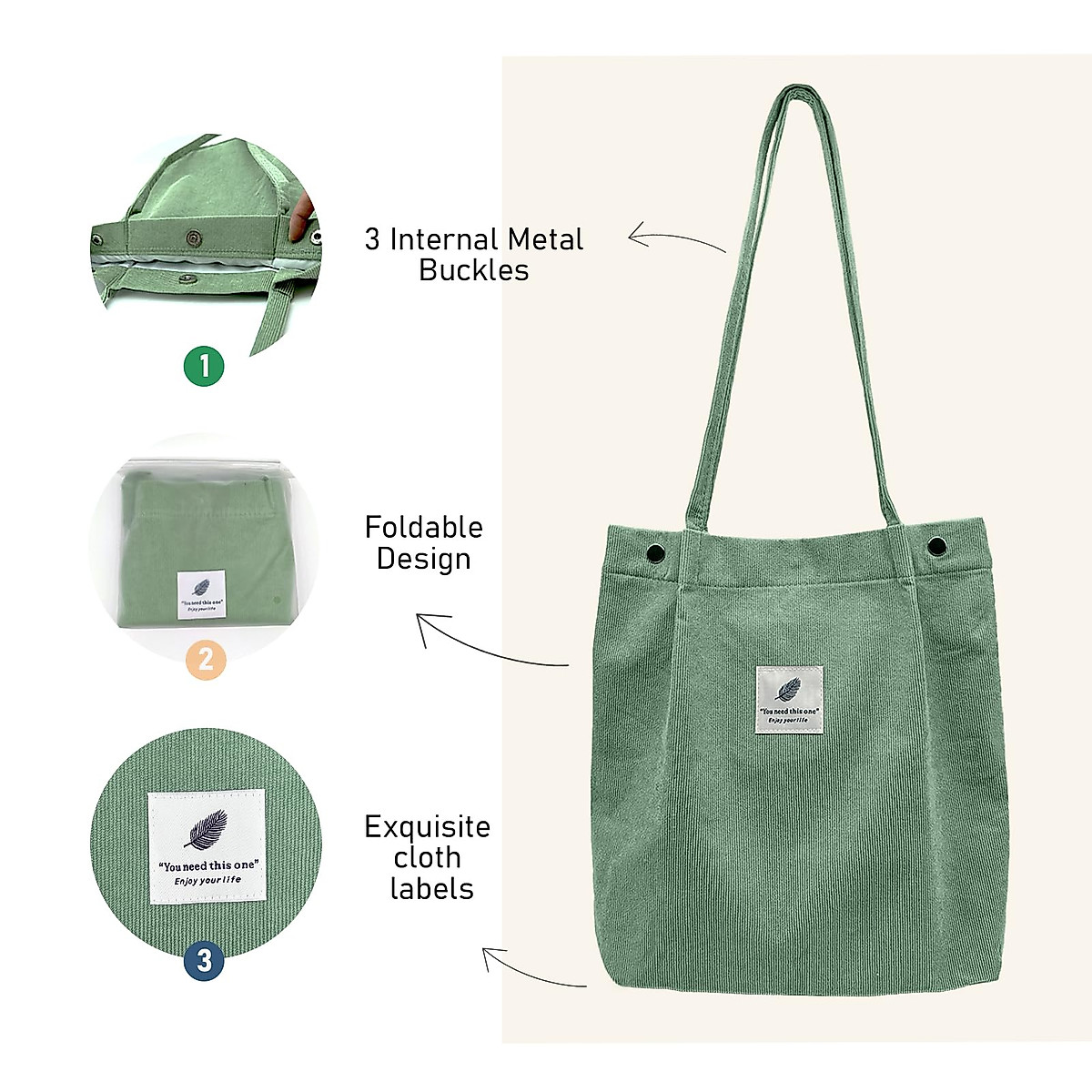 TELLUMO Fashion Corduroy Tote Bag Cow Print Bag Purses for Women Teen Girls with Inner Pocket (PeaGreen)