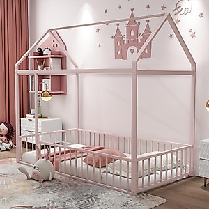 Aiuyesuo Playhouse Design Twin Size House Bed with Fence, Metal Montessori Floor Bed Frame with Roof for Toddler, Kids, Teens, Girls, Boys, No Box Spring Needed (Pink-T9)