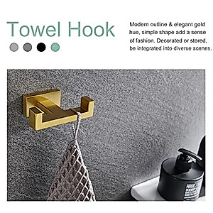 APLusee Double Robe Towel Hook Brushed Gold, 304 Stainless Steel Bathroom Hand Towel Holder, Clothes Wall Hanger for Toilet Kitchen Cabinet