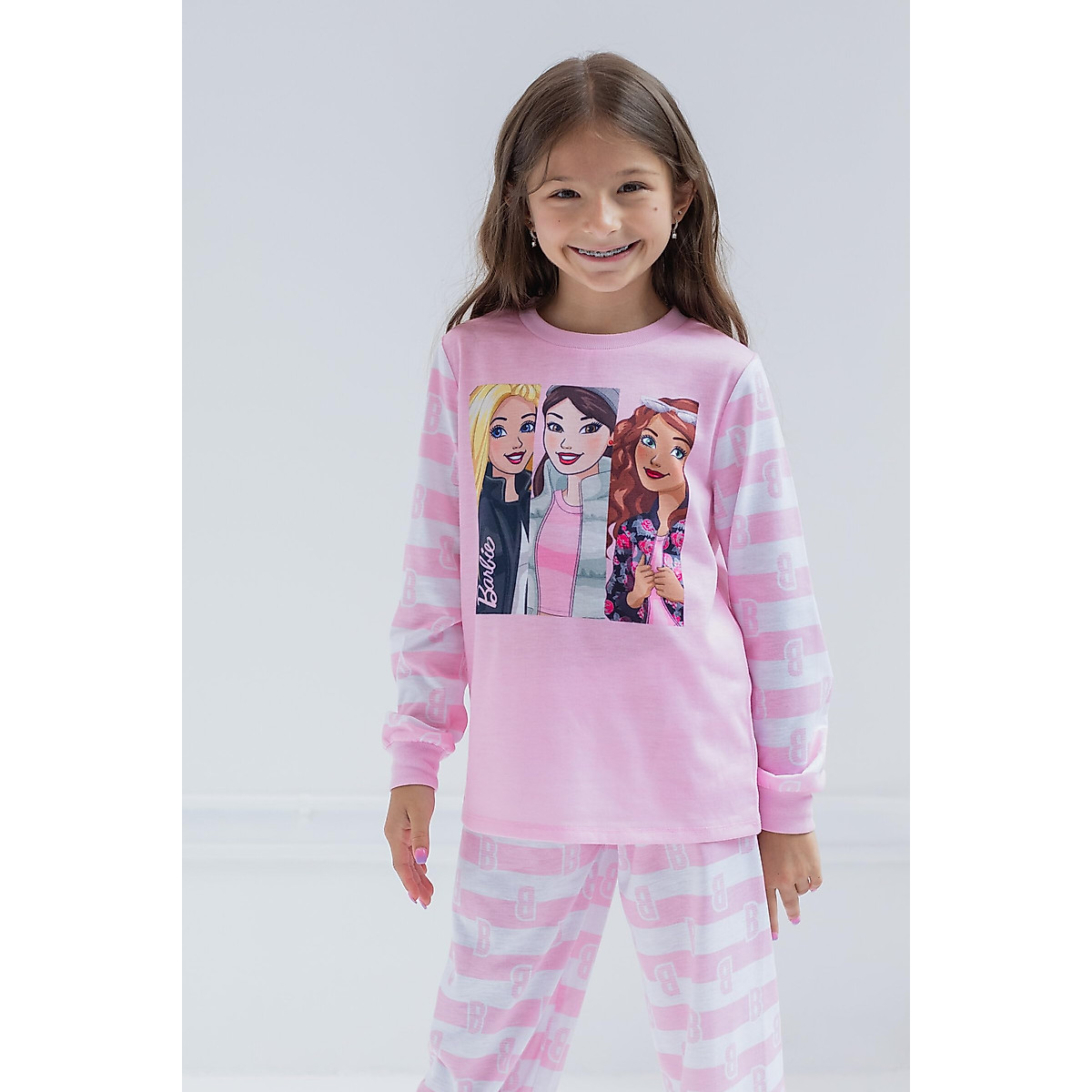 Barbie Little Girls Pajama Shirt Pants and Slippers 3 Piece Pink 7-8