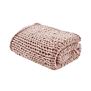 Madison Park Boho Throw Blanket, Soft Blanket Handmade Gift Home Decor, Lightweight & Breathable All Seasons Spring Chunky Knit Blanket, Knitted Throw for Couch, Bed Blanket, 50"x60" Blush