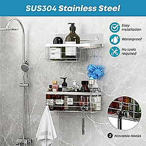 KESOL Shower Caddy and Soap Dish with Hooks Shower Shelf Shower Organizer, No Drilling Adhesive Wall Mounted Bathroom Shelf, Rustproof SUS304 Stainless Steel (2 Pack), Silver