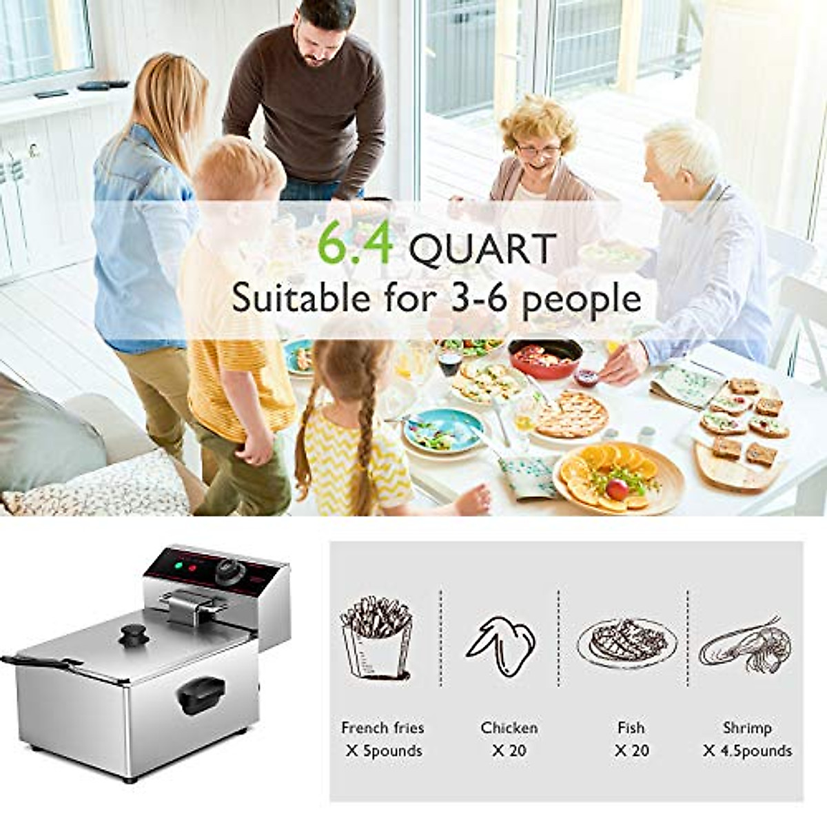 ARLIME Deep Fryer with Basket, 1700W Stainless Steel Electric Countertop Deep Fryer, 6.4 Quart Oil Container & Lid, Adjustable Temperature, Large Frying Machine Perfect for Chicken French Fries