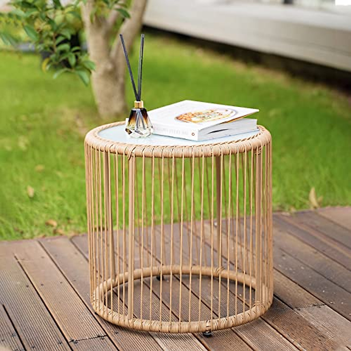 LifeSky Wicker Table Chairs Set - 3 Piece Outdoor Chairs Set - Patio Table Sets with Glass Top Table for Courtyard Garden Brown