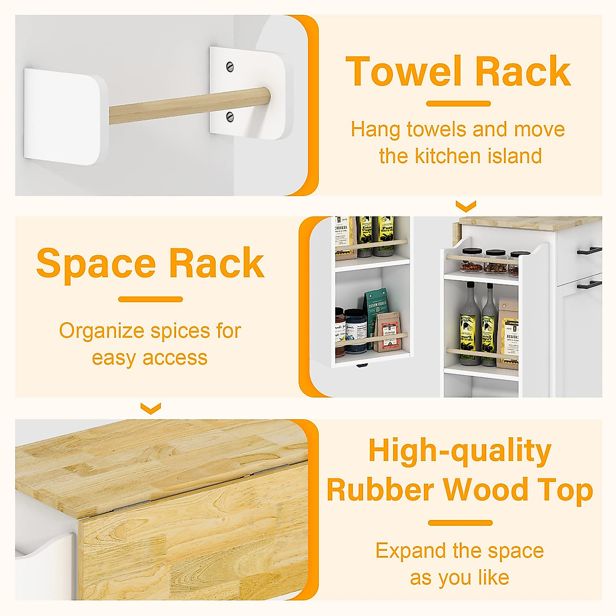 Osfvolr Rolling Kitchen Island with Trash Storage Cabinet, 2 Drawers, Kitchen Island with Drop Leaf, Kitchen Storage Islands Carts W/ 3 Spice Rack, Tilt Out Trash Cabinet, Island Table for Kitchen