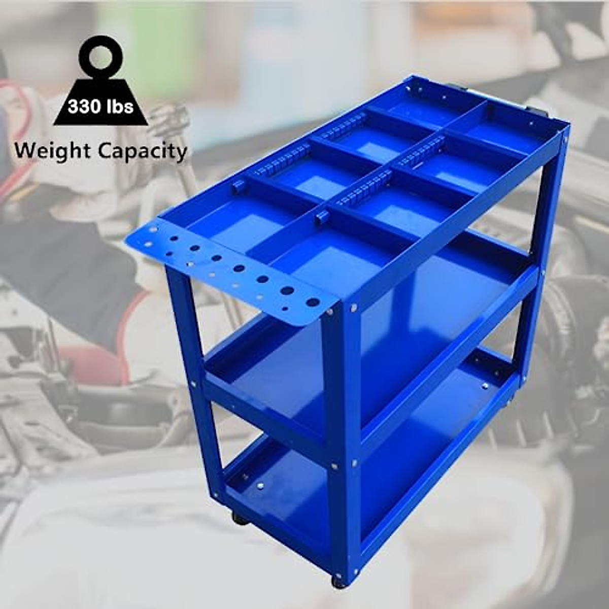 3-Tier Rolling Tool Cart, 330 LBS Capacity Heavy Duty Service Cart with Handle & Lockable Wheels, Rolling Trolley Storage Organizer with Adjustable Dividers, for Warehouse Garage