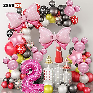 10Pcs Minnie Balloon, Pink Mouse Birthday Number Mylar Foil Balloons Huge Bow Birthday Party Supplies for Mouse Theme Baby Shower 2nd Birthday Party Decorations