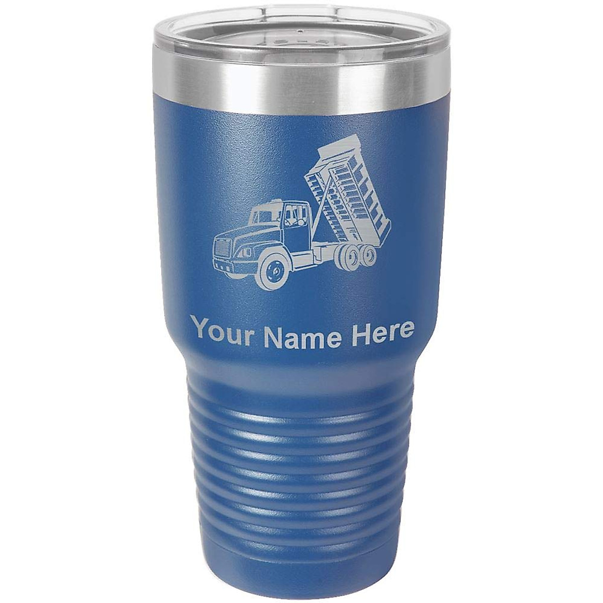 LaserGram 30oz Vacuum Insulated Tumbler Mug, Dump Truck, Personalized Engraving Included (Dark Blue)