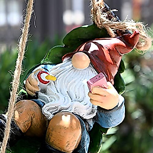 ASAMASA Funny Garden Gnomes Outdoor Hanging Statue, Fairy Garden Swinging Leaf Hammock Gnome Figurine for Lawn Patio Yard Tree Decorations,Adorable Relaxed Gnome