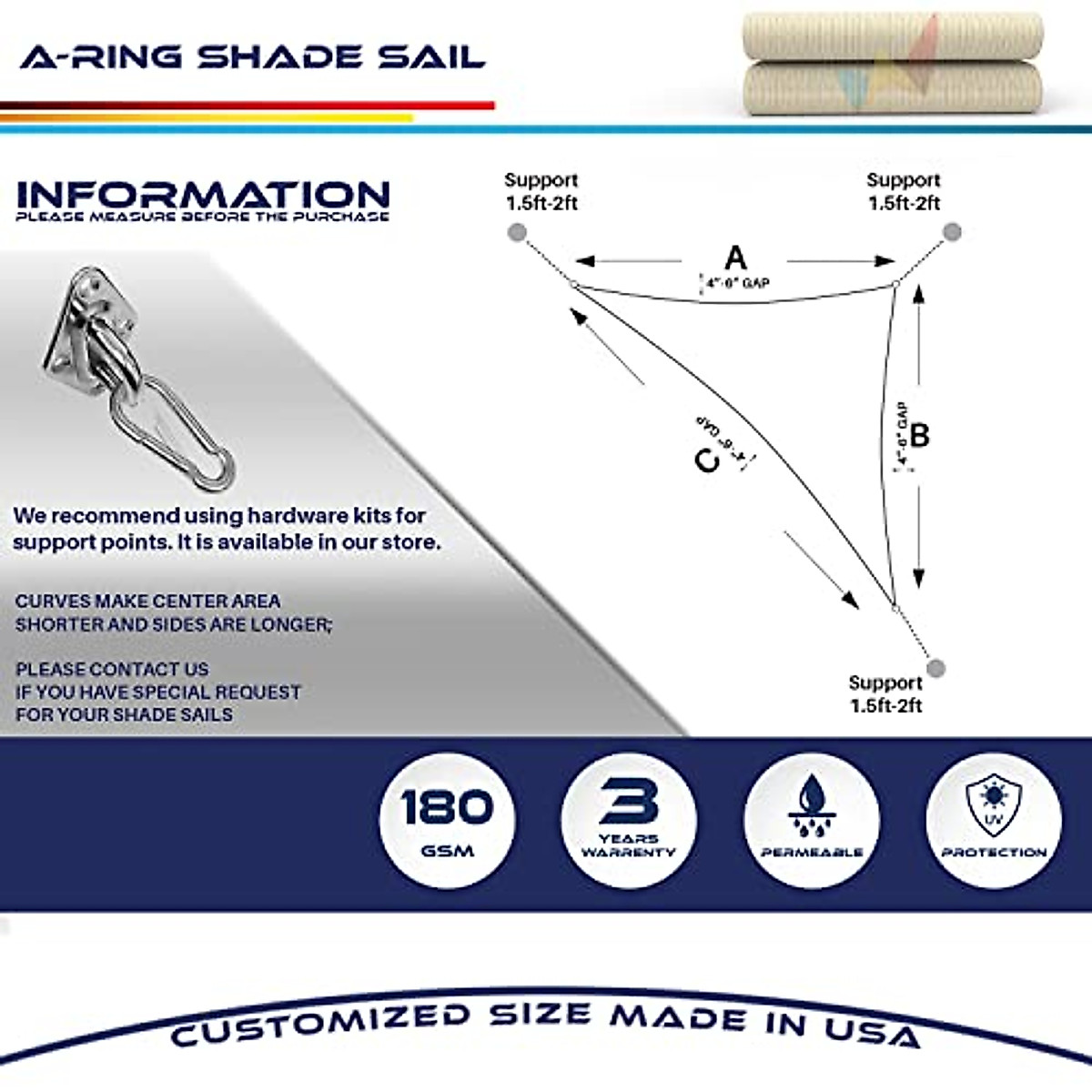 Windscreen4less 8' x 8' x 11.3' Triangle Sun Shade Sail - Beige Durable UV Shelter Canopy Fabric Cloth Screen Water Permeable & UV Resistant for Patio Outdoor Backyard