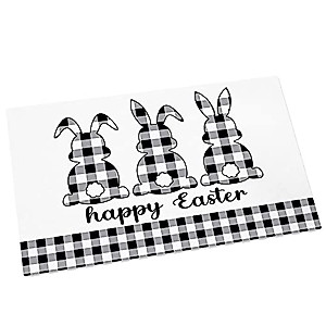 Indoor Doormat Absorbent Bath Rugs Entrance Non Slip Front Door Mat Black White Easter Bunny Rabbit Kitchen Carpets Spring Animal Floor Mats for Bathroom Bedroom Living Room Decor 16x24In