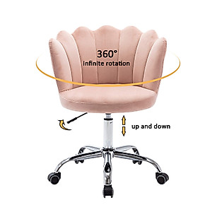 Goujxcy Cute Pink Desk Chair, Modern Velvet Vanity Makeup Chair, 360° Swivel Height Adjustable Comfy Accent Chair Rolling Chair for Home Office Bedroom Living Room (Pink)
