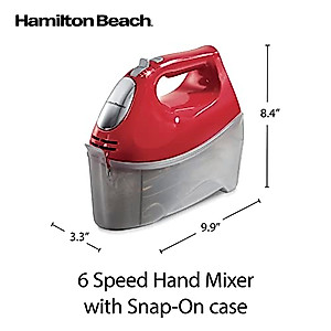 Hamilton Beach 6-Speed Electric Hand Mixer with Whisk, Traditional Beaters, Snap-On Storage Case, Dough Hooks, Red