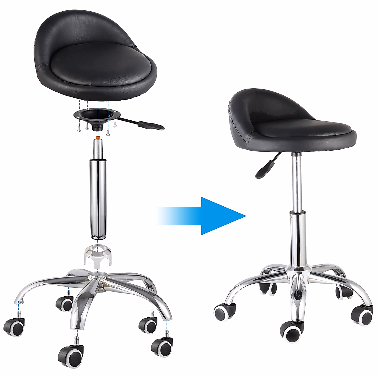 JupiterForce 24'' Adjustable Rolling Stool 360 degree Swivel Salon Office Massage Medical Facial Spa Stool Chair with Wheels Backrest PU Cushion Gas Lift Stool (Black)