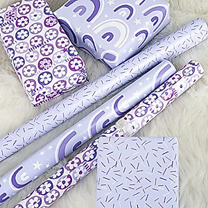 LeZakaa Purple Gift Wrapping Paper - Mini Roll - Flower Ball/Colorful Strip/Arch Print for Gift Wrap, Arts Crafts - 17 x 120 inches - 3 Rolls (43.77 sq.ft.ttl.)