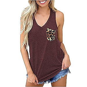 wodceeke Women's Tank Tops With Leopard Print Pocket Sleeveless V-neck Loose Vest Summer Casual Tee Top (Brown, XL)
