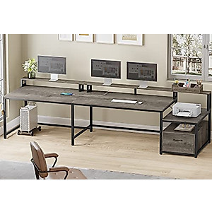 SEDETA L Shaped Desk, 66" Home Office Desk with File Drawer & Power Outlet, Gaming Desk with Led Lights, Corner Computer Desk with Monitor Shelf, Printer Storage Shelves, Two Person Desk, Grey
