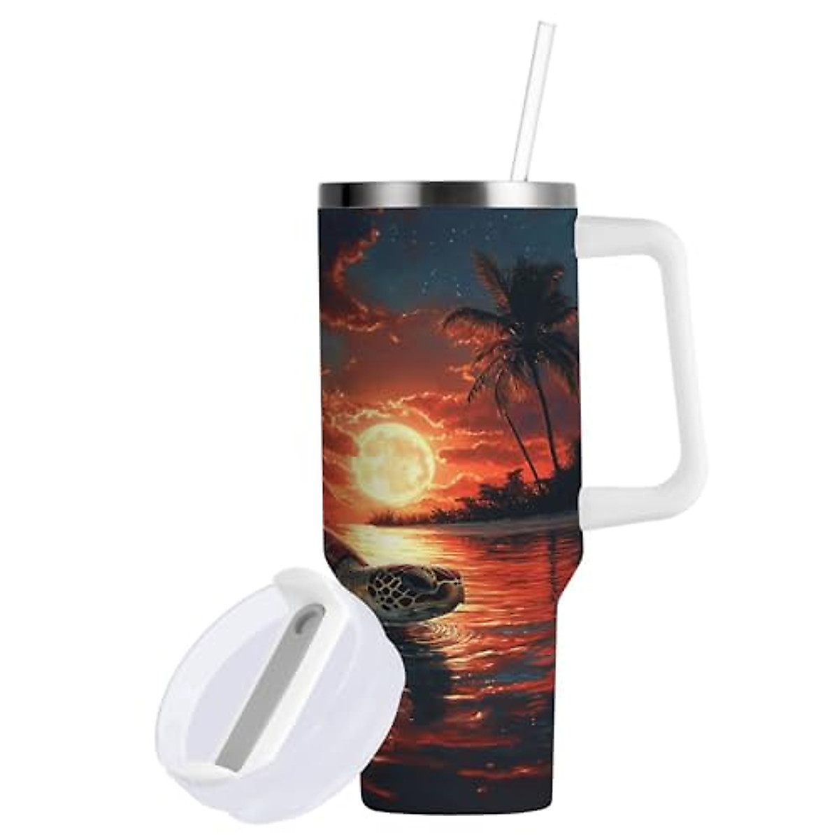 Slewiaeky Tumbler with Handle 40 oz Cool Tortoise Turtle Travel Mug with Lid and Straw Ocean Stainless Steel Vacuum Insulated Water Bottle Cup for Iced Tea Coffee Cold Beverages Cup Holder Friendly