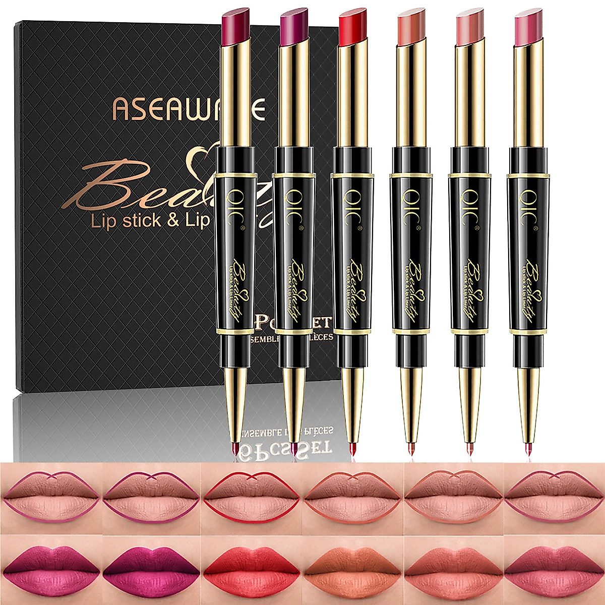 6Pcs Lip Liner and Lipstick Makeup Set, Purple Red/Claret/Vermilion/Pastel Orange/Rose/Ruby Red Lipstick Pen and with Lip Liner Pencil Set Lipstick Gift Set for Daily/Travel/Party/Work