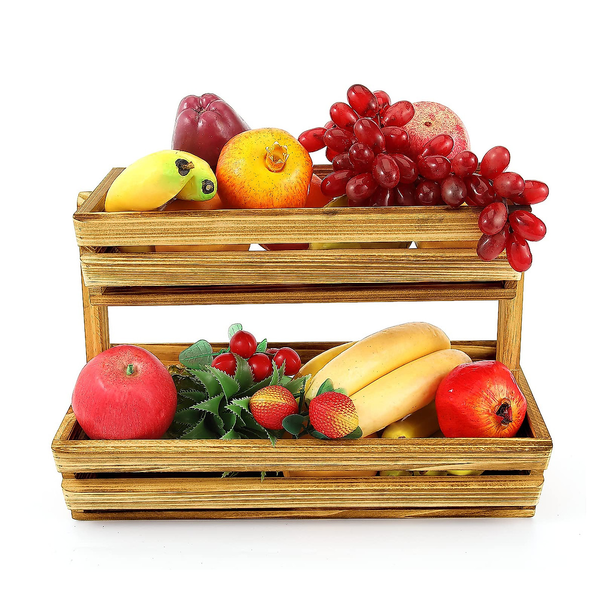 CALM COZY 2-Tier Wooden Fruit Basket, Farmhouse Fruit Basket Counter Top Organizing for Kitchen, Vegetable Stand Bread Racks Produce Basket, Classic Wood Color