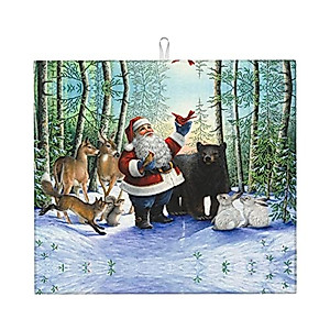 Santa Claus and Animals Printed Drying Mat For Kitchen Ultra Absorbent Microfiber Dishes Drainer Mats Non-Slip Silicone Quick Dry Pad - 18 X 16inch
