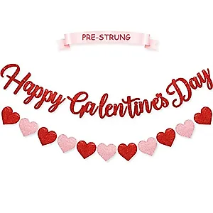 Happy Galentine's Day Banner Red Glitter Banner with Hearts Garland Valentines Decorations Girls Party Favors Ladies Celebrating Theme Breakfast Decor Galentines Photo Booth Props Valentine's Ideas Supplies