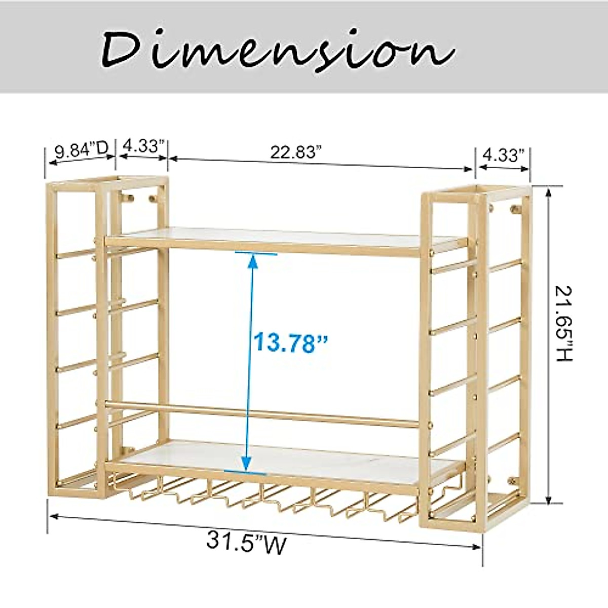 GOLASON Wall Mounted Wine Rack with Glass Holder, Metal Bottle Holder Wine Storage Display Shelf for Home Bar Dining Room Kitchen (31.5 Inch, Faux Marble)