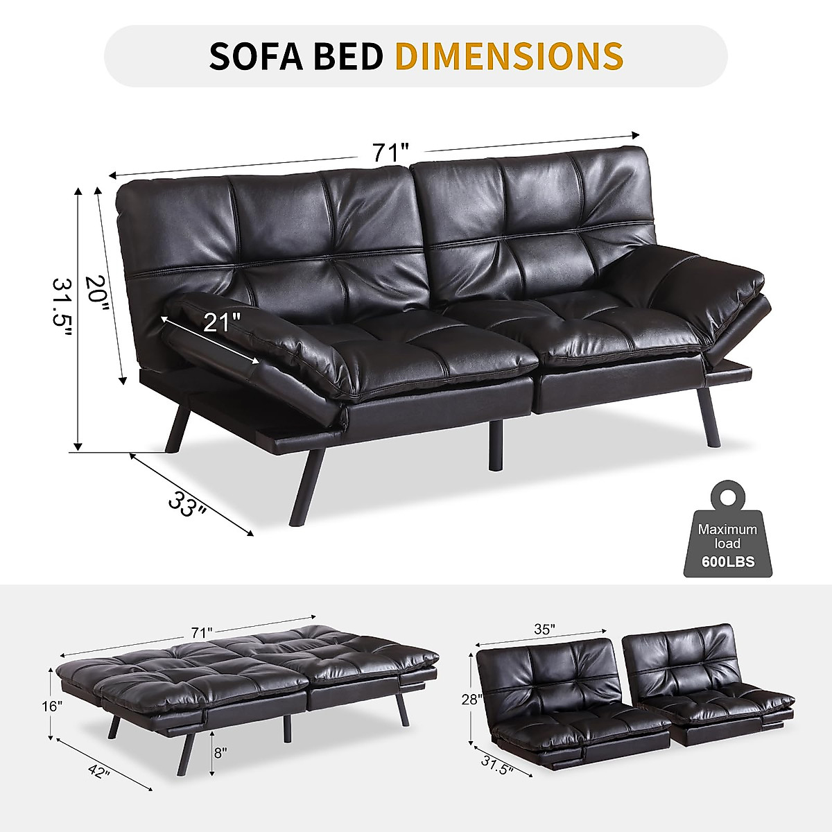 Futon Sofa Couch Bed,Convertible Memory Foam Modern Faux Leather Adjustable Backrest Armrests Sleeper Love Seat for Living Room,Office,Apartment,Small Space,71" Black