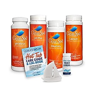 Clear Spa Hot Tub Balancing Chemical Bundle Includes pH Plus, pH Minus, Alkalinity, Calcium, Test Strips, LeisureQuip ScumBoat, and LeisureQuip Hot Tub Care Guide E-Book