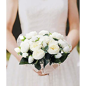 NINAT Peony Artificial Flowers Artificial Bouquet Fake Flowers Silk 20 Heads 16 Buds with Flower Stem for Wedding Valentine's Day Party Home Decoration Pack of 4 (White)