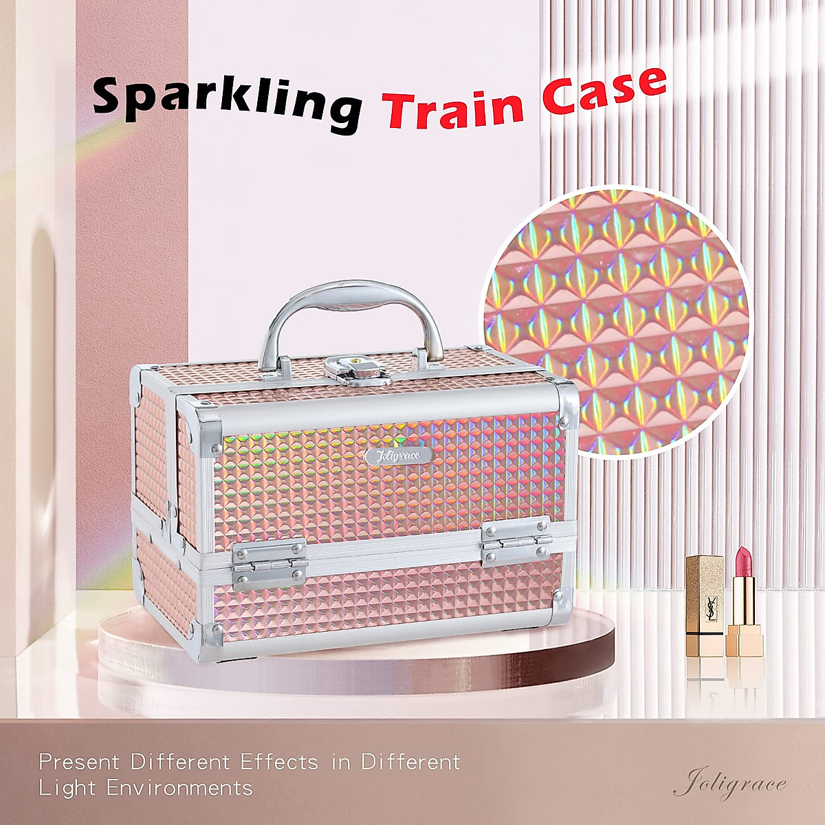 Joligrace Makeup Box Cosmetic Train Case Jewelry Organizer Lockable with Keys and Mirror 2-Tier Tray Portable Carrying with Handle Travel Storage Box