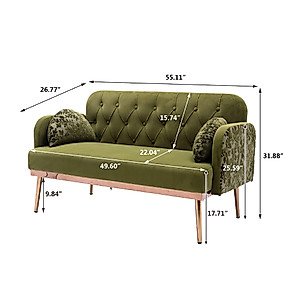 Anwickmak Twin Size Loveseat Accent Sofa Small Velvet Couch with Elegant Moon Shape 2 Pillows and Golden Metal Legs, for Living Room Bedroom Sofa with Tufted Backrest, (Green)