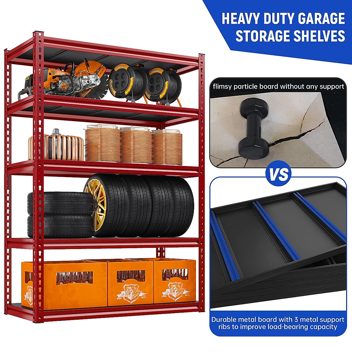 REIBII 72" Garage Shelving 2000 LBS Storage Shelves Heavy Duty Metal Shelving Units Rack Shelf for Garage Pantry,Kitchen, Basement,Red & Black