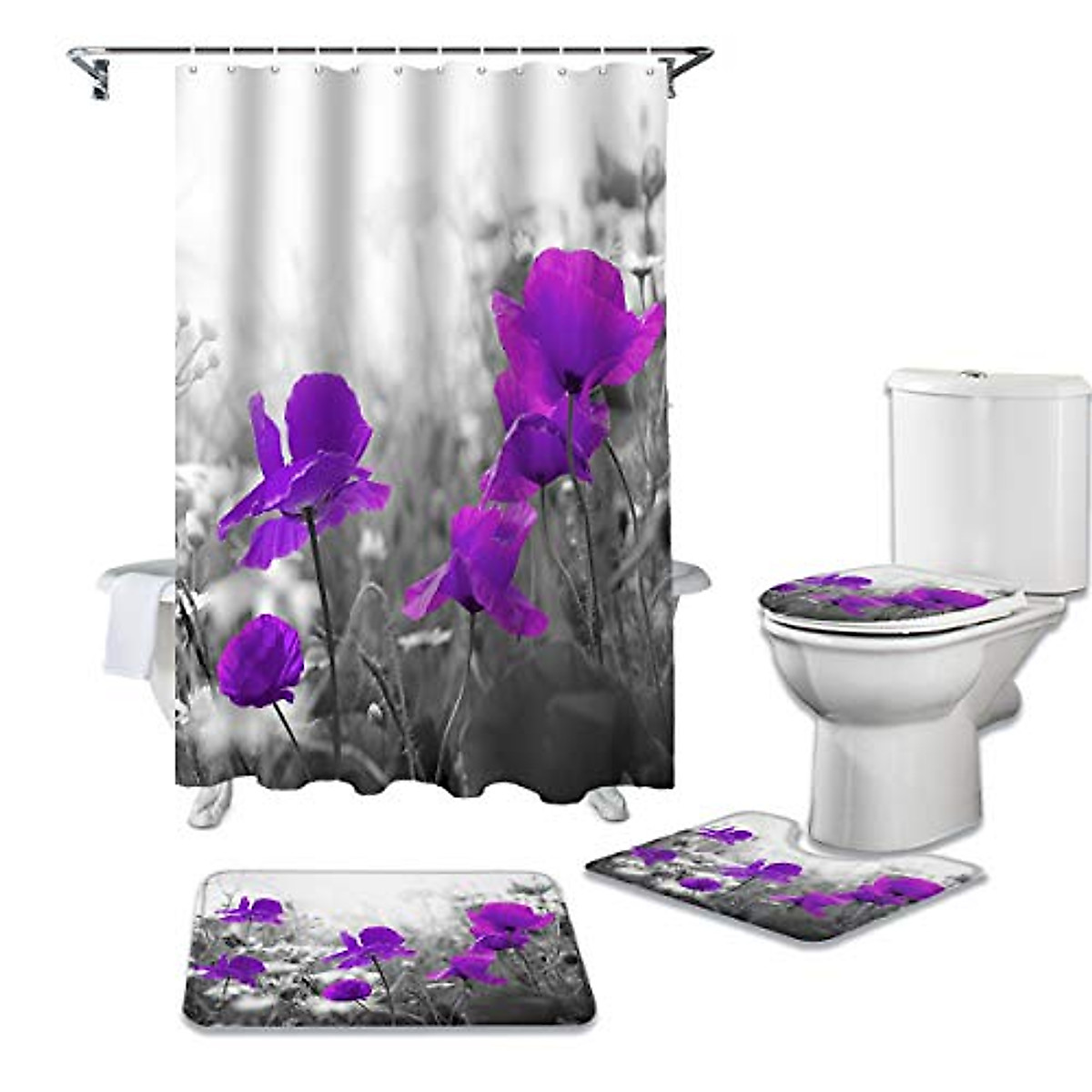 4 Pieces Bathroom Shower Curtain with Mats Set Purple Poppy Floral Grey Botanical Back,Non-slip Bath Rugs Toilet Lid Cover and U-shaped Carpet,Elegant Flower Watercolor Doormats Waterproof Curtains