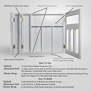 EDGE LINE White Bamboo Ziplock 6 Slot Storage Organizer - Food Storage Bags Organizer with 3 Doors - Kitchen Plastic Bags Storage - Gallon, Quart, Sandwich, Snack, Plastic Wrap, and Aluminum Foil