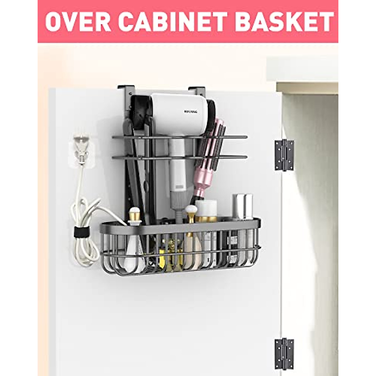 Hair Dryer Holder, Hair Dryer Holder Adjustable Height, Bathroom Hair Dryer Organizer Under Sink, Over Door/Over Cabinet Hair Dryer Holder for Flat Irons, Curling Wands, 3 Sections Large Capacity