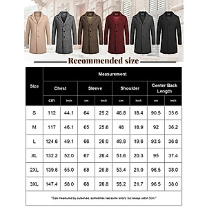 COOFANDY Winter Coats Men Black Notched Collar Overcoat Mid-Long Winter Wool Trench Coat Black Business Peacoat Black L