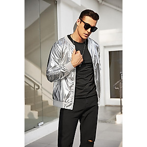 COOFANDY Mens Coat Metallic 70s Disco Party Varsity Jacket Button Zip-up Baseball Bomber